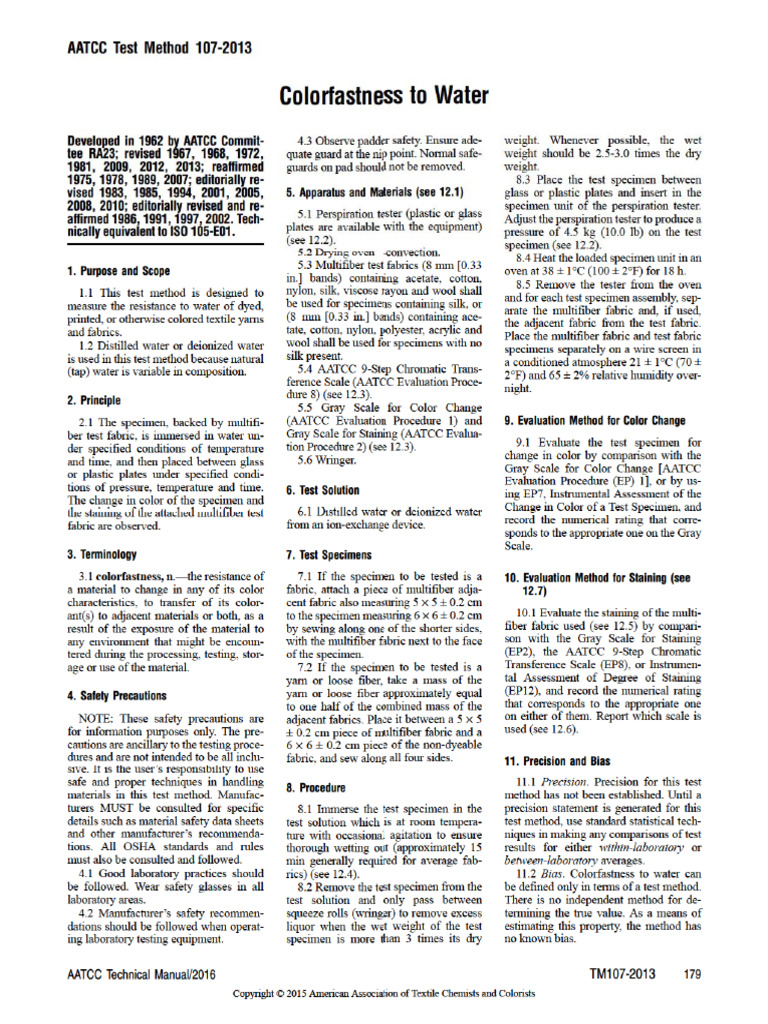 SOP - Colorfastness To Water AATCC 107 2013 | PDF