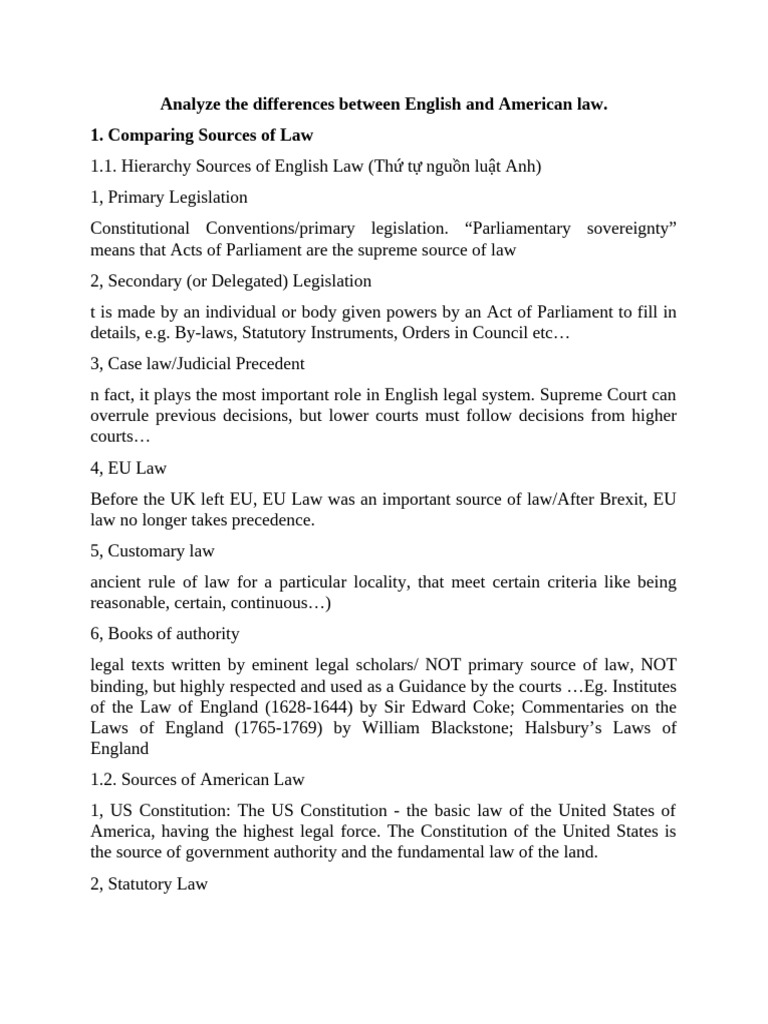 Analyze The Differences Between English and American Law | PDF ...