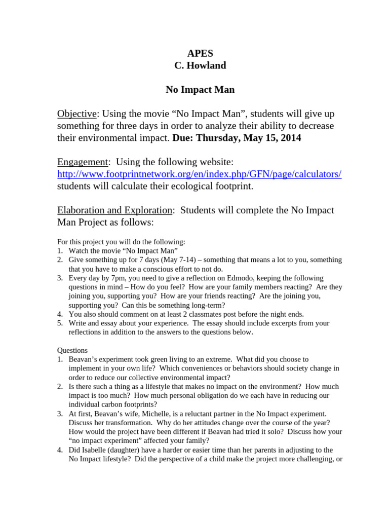 No Impact Man Project | PDF | Environmental Social Science | Environment