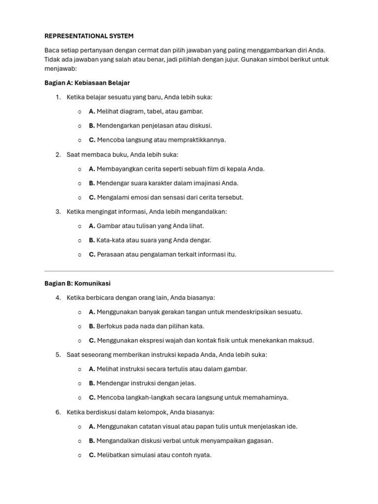 REPRESENTATIONAL SYSTEM - Kuesioner | PDF