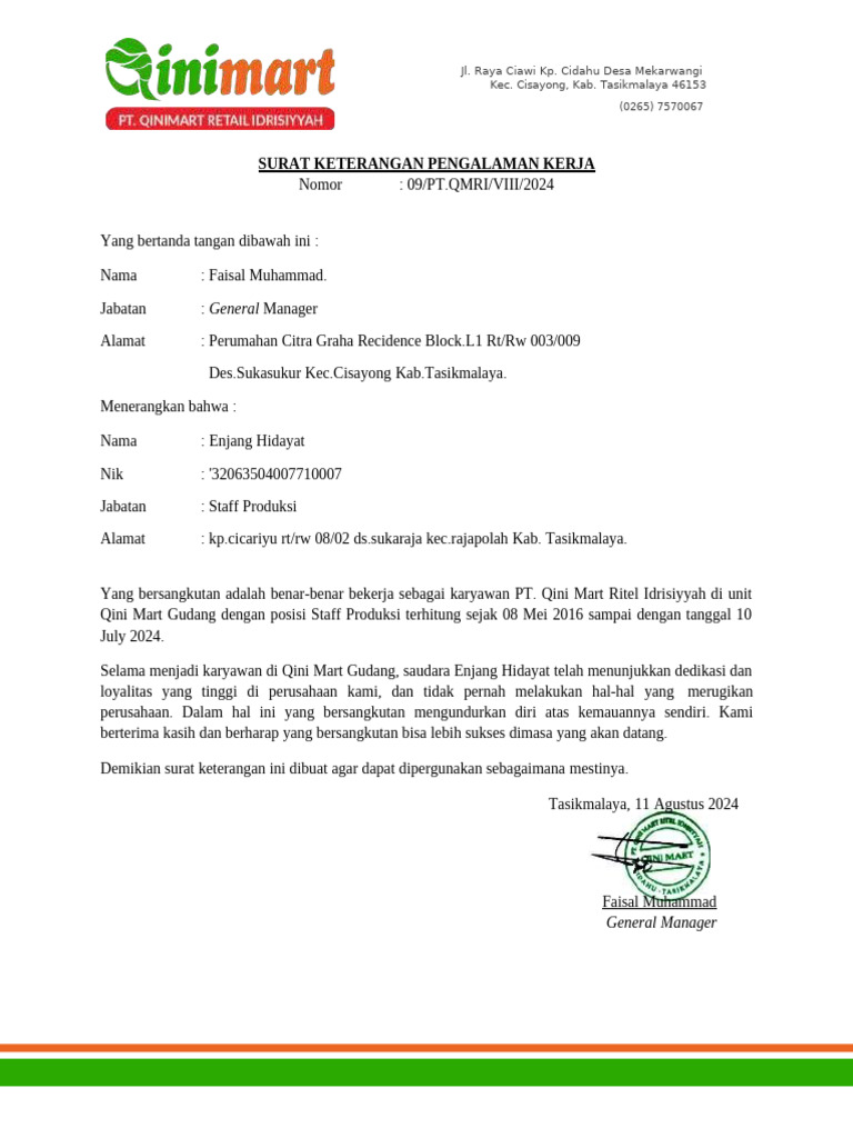 09 Surat Paklaring Enjang Hidayat | PDF