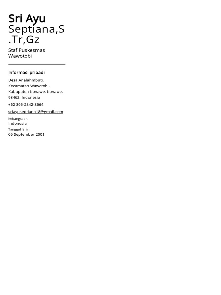 CV - Sri Ayu Septiana,S.tr,Gz | PDF