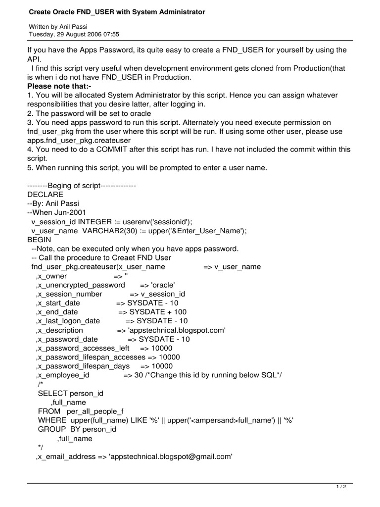 21 Create Oracle Fnduser With System Administrator | PDF | Software Engineering | Computer Science