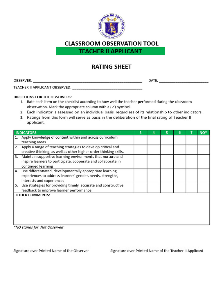 COT Rating Sheet Teacher II | PDF