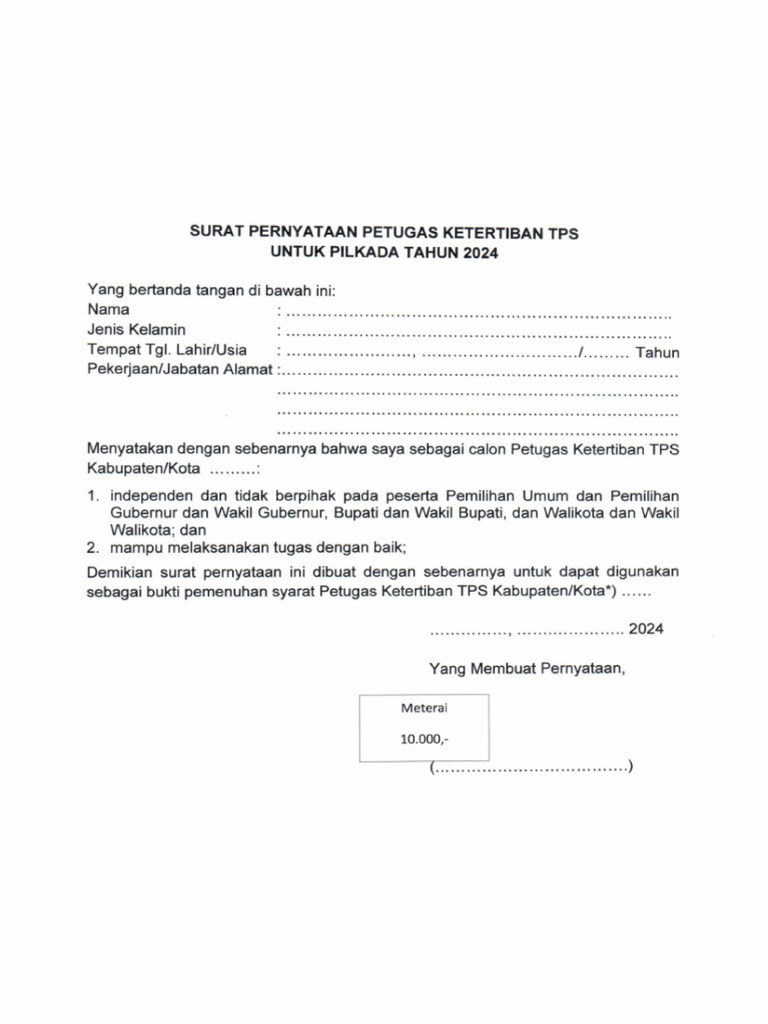Surat Pernyataan Petugas Kertertiban TPS Pilkada 2024 | PDF