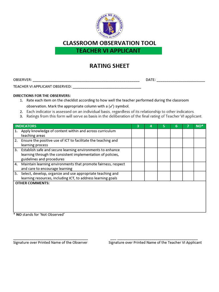 COT Rating Sheet Teacher VI | PDF