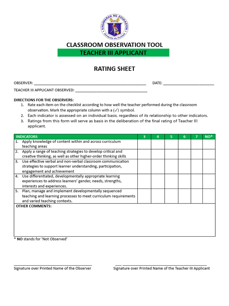 COT Rating Sheet Teacher III | PDF