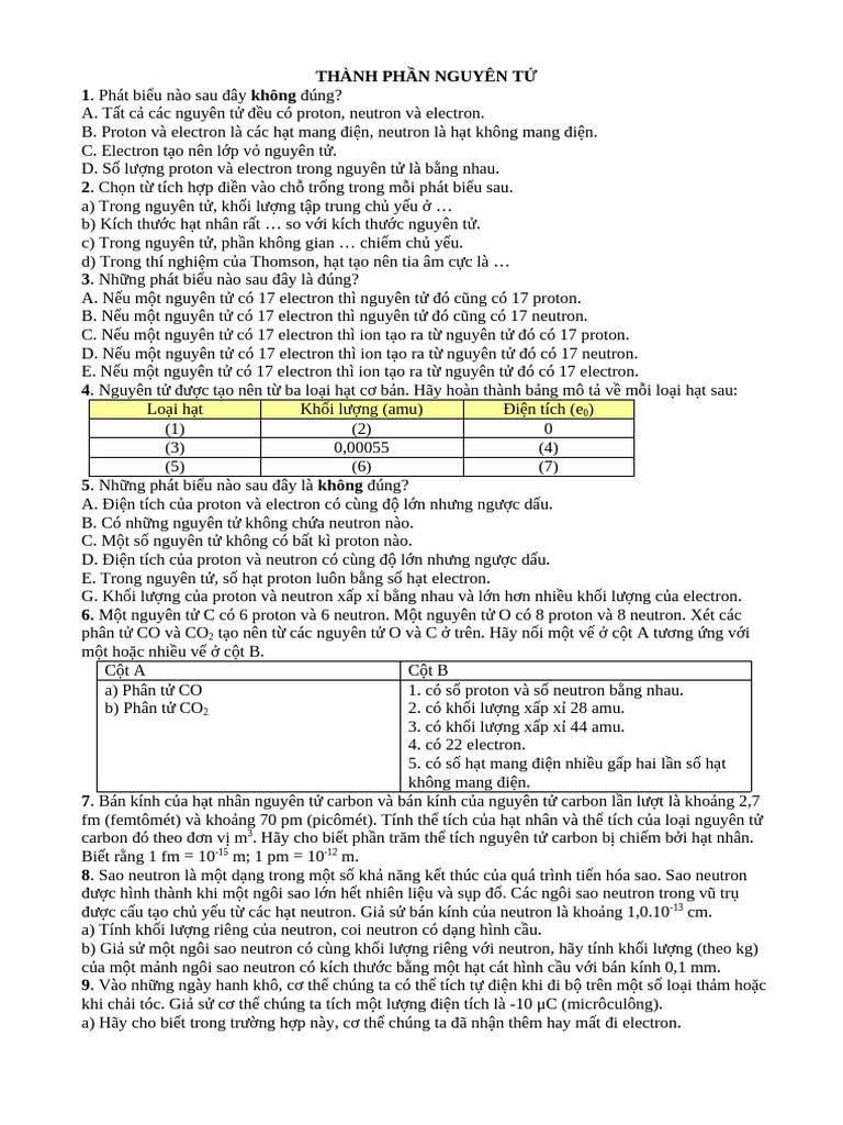 THÀNH PHẦN NGUYÊN TỬ - NTHH | PDF