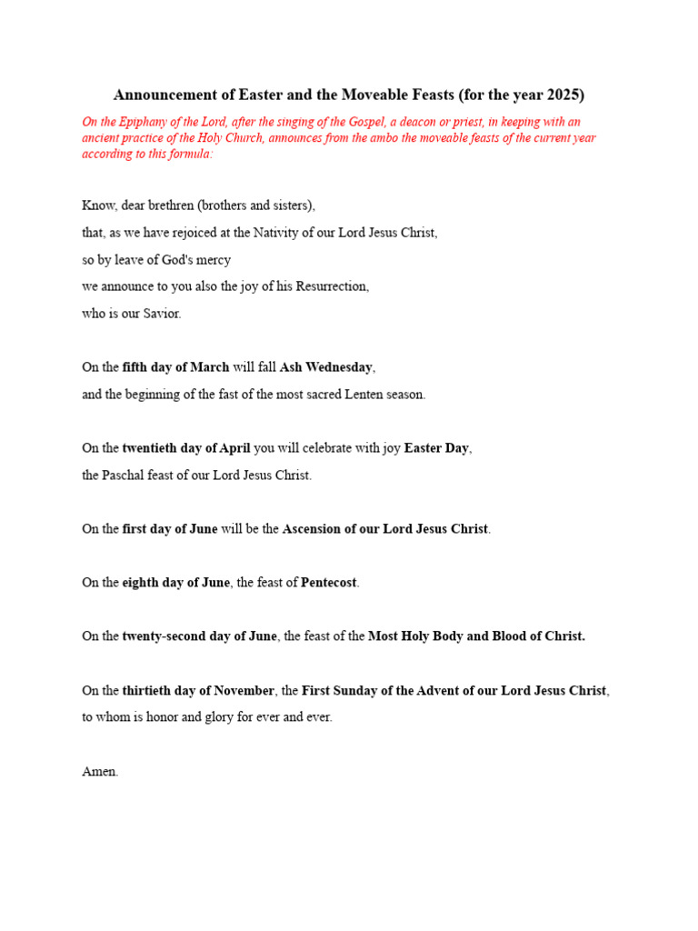 Announcement of Easter and The Moveable Feasts | PDF