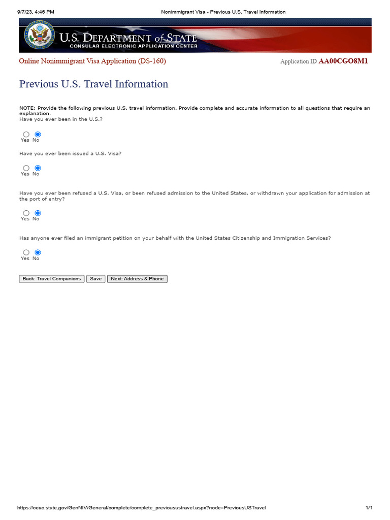 Nonimmigrant Visa - Previous U.S. Travel Information | PDF