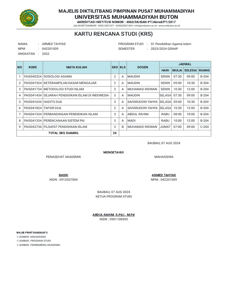 Kartu Rencana Studi - 042201009 | PDF