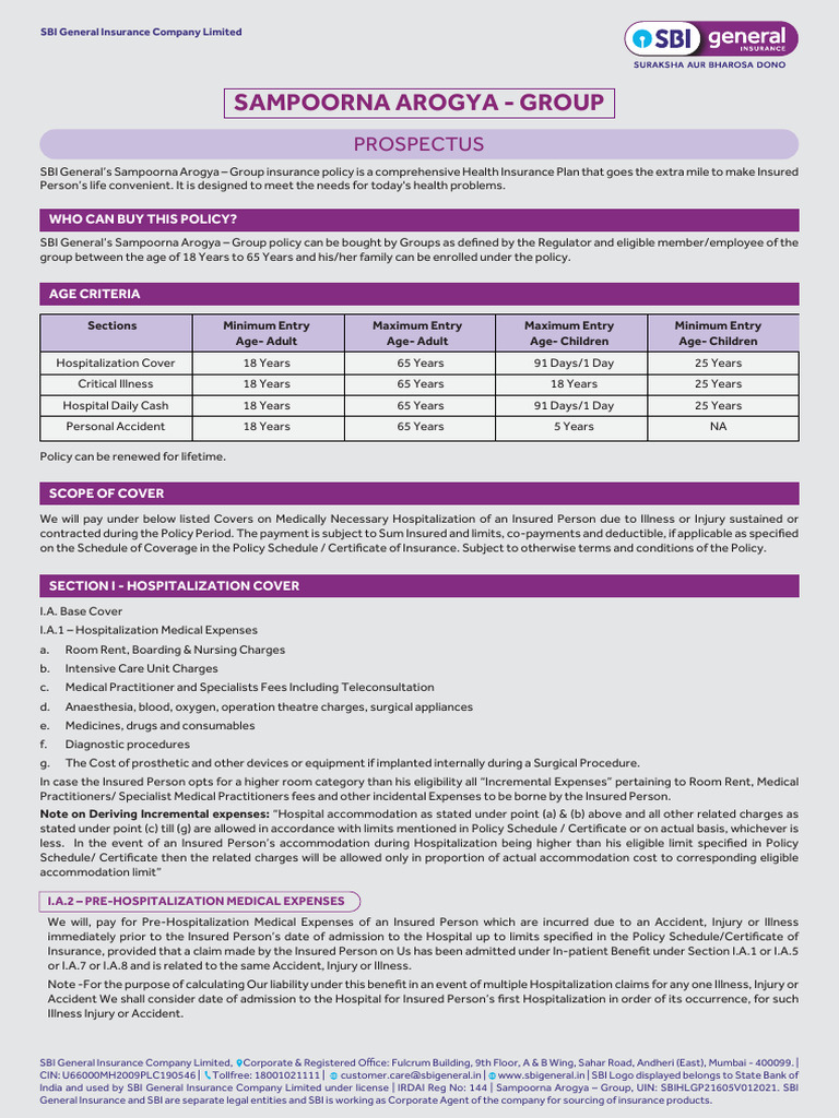 Sampoorna Arogya - Group: Prospectus | PDF | Deductible | Insurance