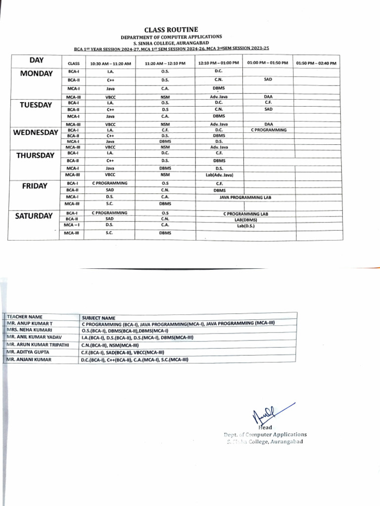 Class Routine - BCA - MCA - Session - 2024 | PDF