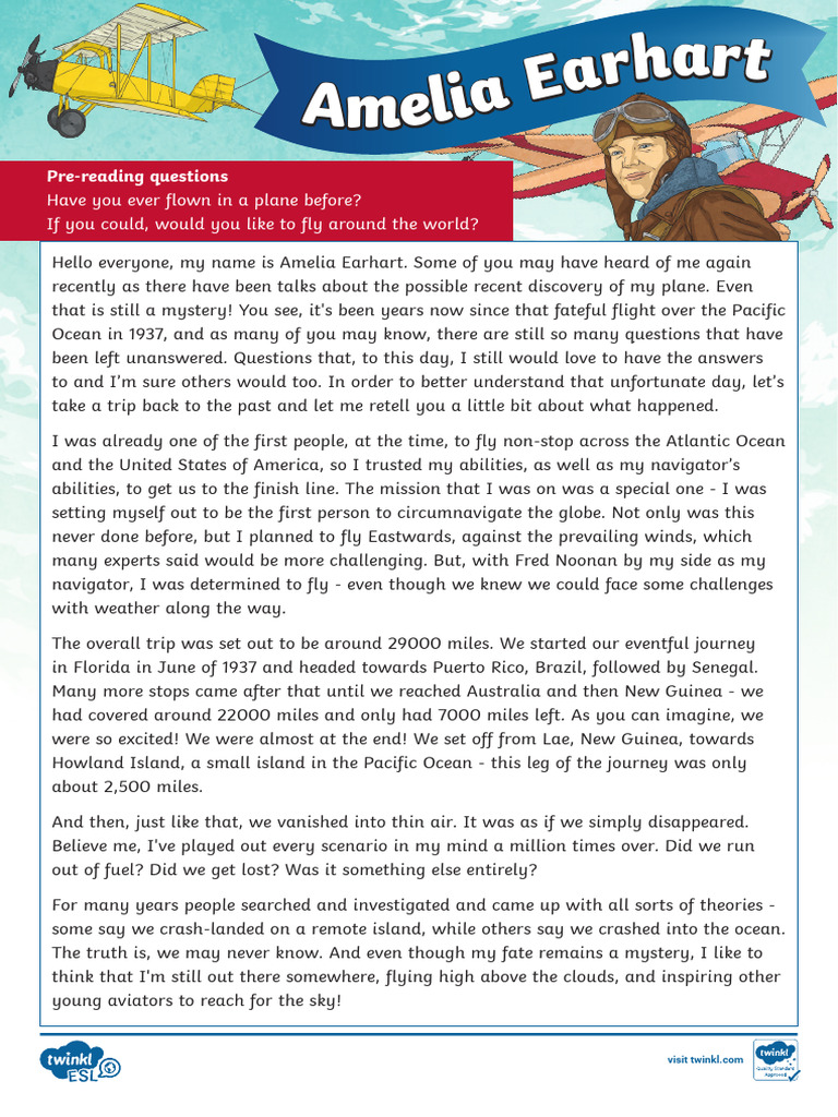Reading Comprehension Amelia Earhart B1 | PDF | English As A Second Or ...