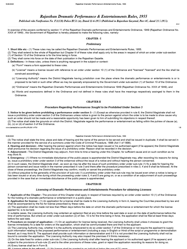 Rajasthan Dramatic Performance & Entertainments Rules, 1955 | PDF | License | Criminal Procedure ...
