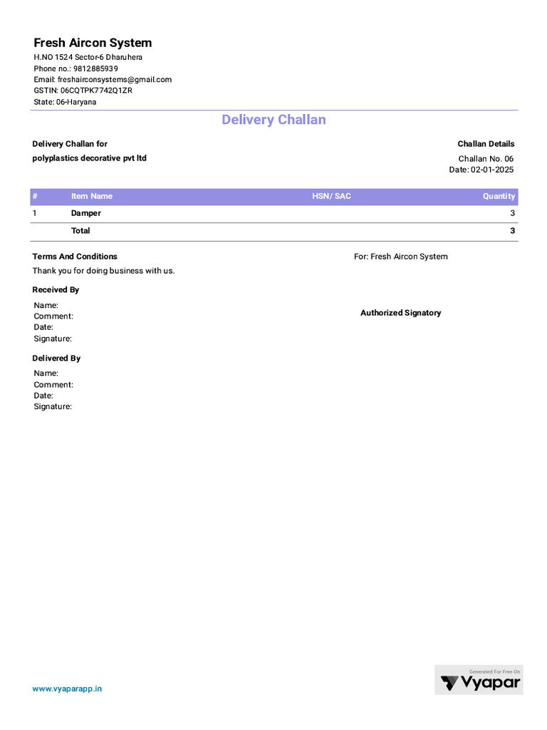 Delivery Challan 06 02-01-2025 | PDF