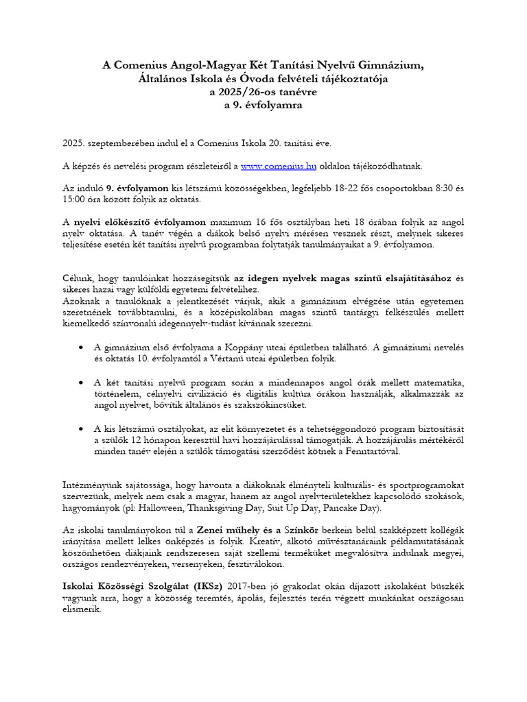 Comenius Iskola tajekoztato 2025-gimnazium kesz | PDF