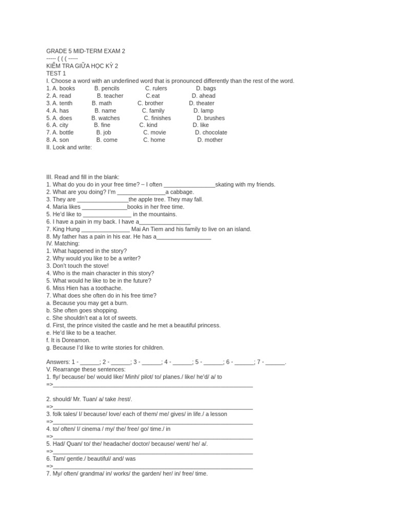 Grade 5 English Mid-Term Exam 2 | PDF