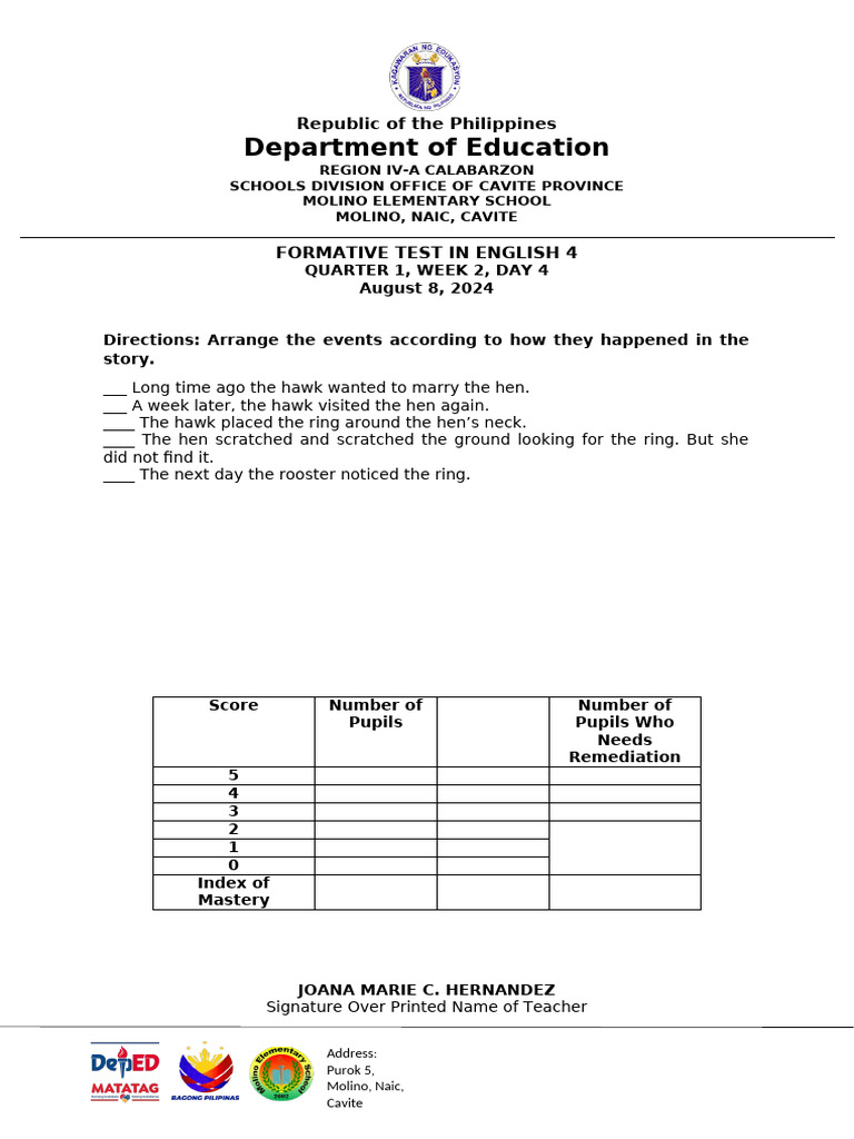 English 4 Formative Test: Story Events | PDF
