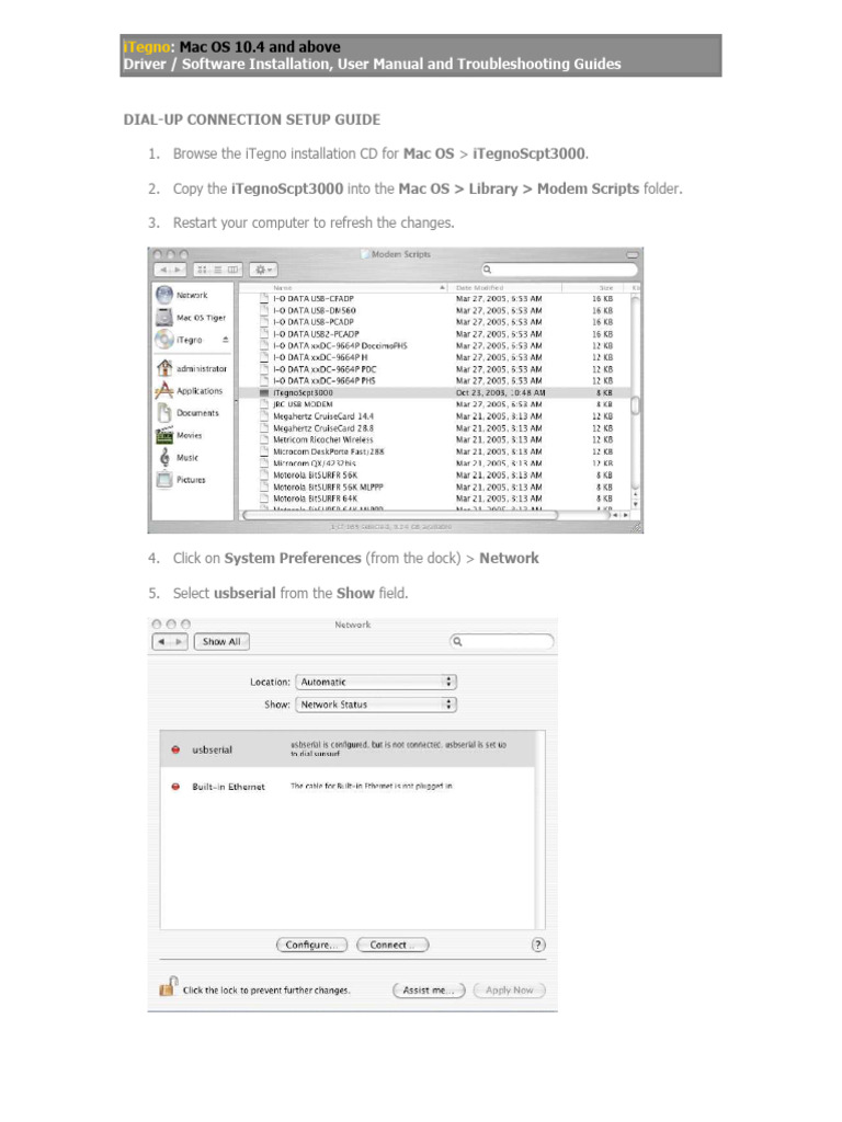 MacOS 10.4 - Itegno Dial-Up Connection Setup Guide | PDF