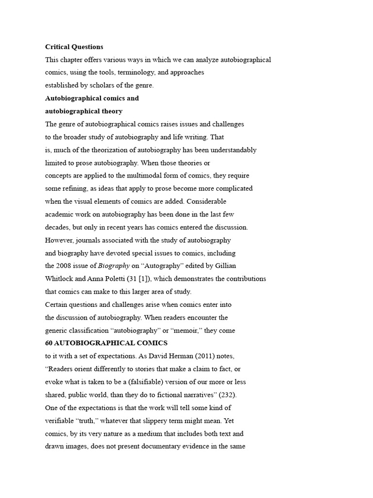 Critical Questions - Autobiographical Comics | PDF | Autobiographies ...