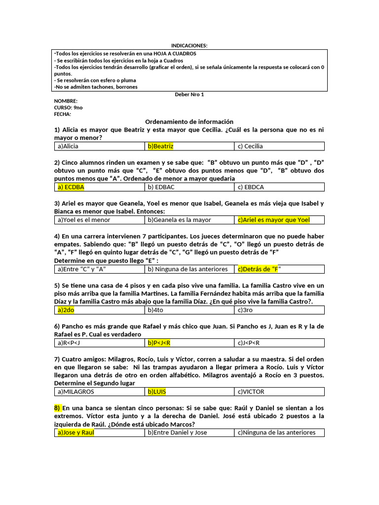 Deber DPLM 9no Ordenamiento de Informacion | PDF