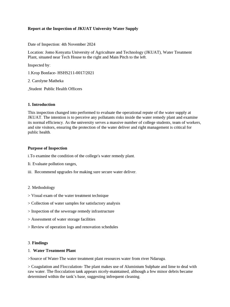 Report at the Inspection of JKUAT University Water Supply | PDF | Water ...