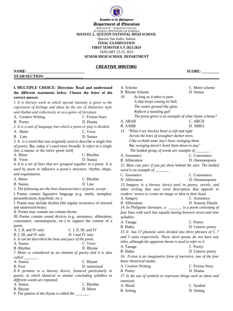 Final Exam. - Creative Writing | PDF | Poetry | Narration