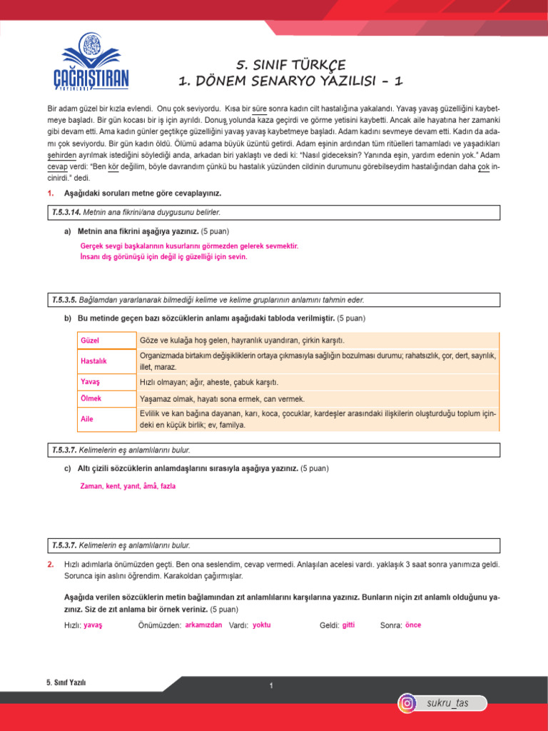 Sinif Turkce 1. Donem Senaryo (1) Son | PDF