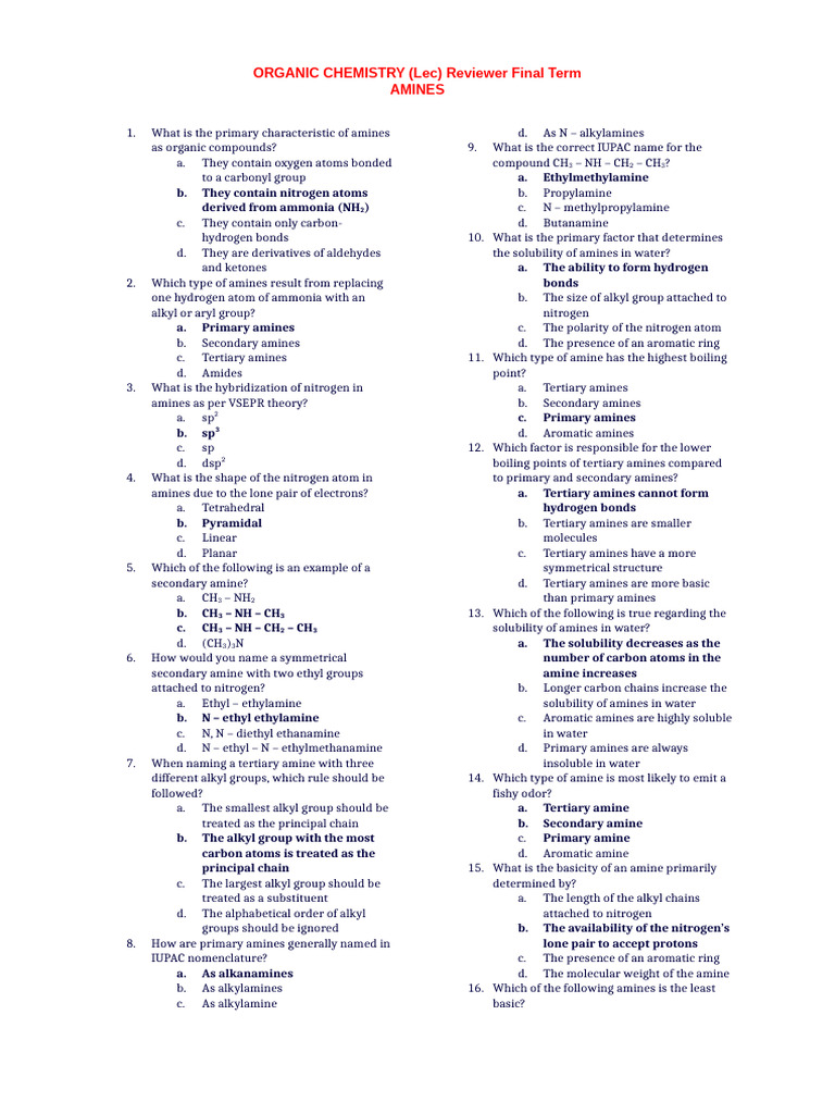ORGANIC-CHEMISTRY-lec-final-reviewer | PDF | Conformational Isomerism | Amine
