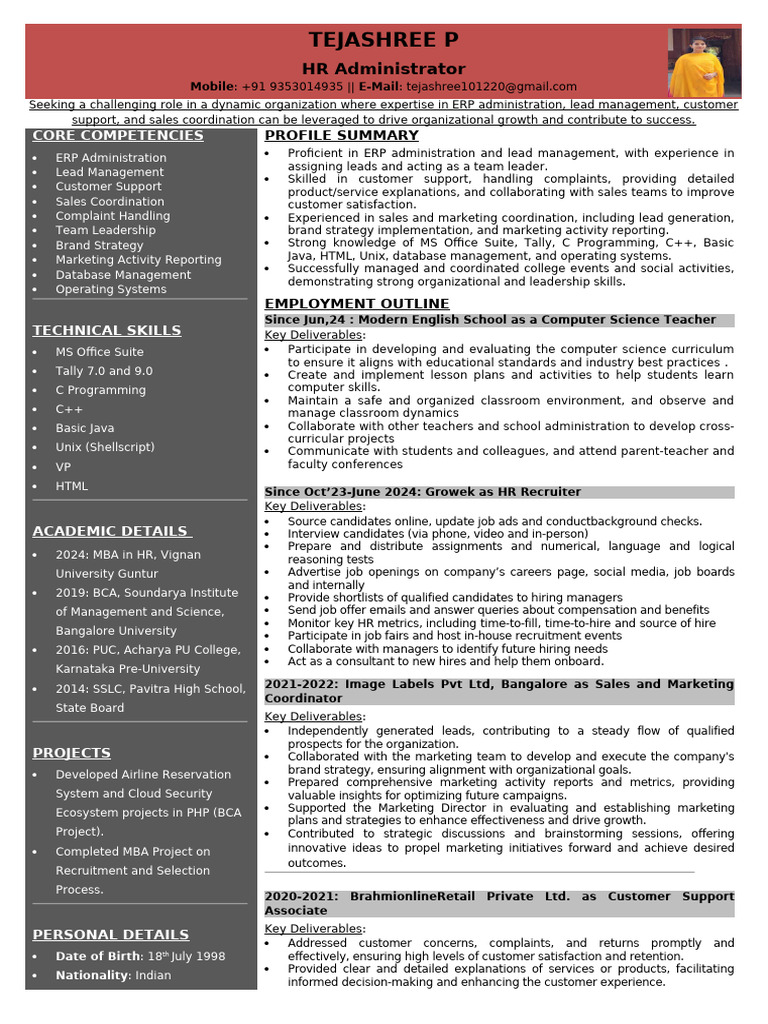 Tejashree R prasad CV-2 | PDF | Enterprise Resource Planning | Customer ...