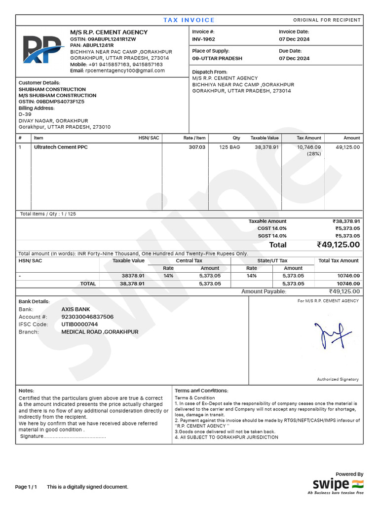 R.P. Cement Agency Invoice INV-1962 | PDF | Taxes | Taxation