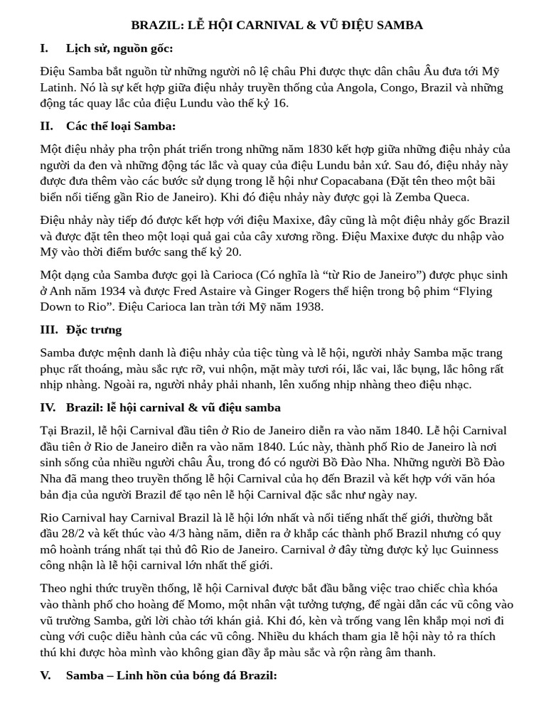 BRAZIL - LỄ HỘI CARNIVAL & VŨ ĐIỆU SAMBA | PDF