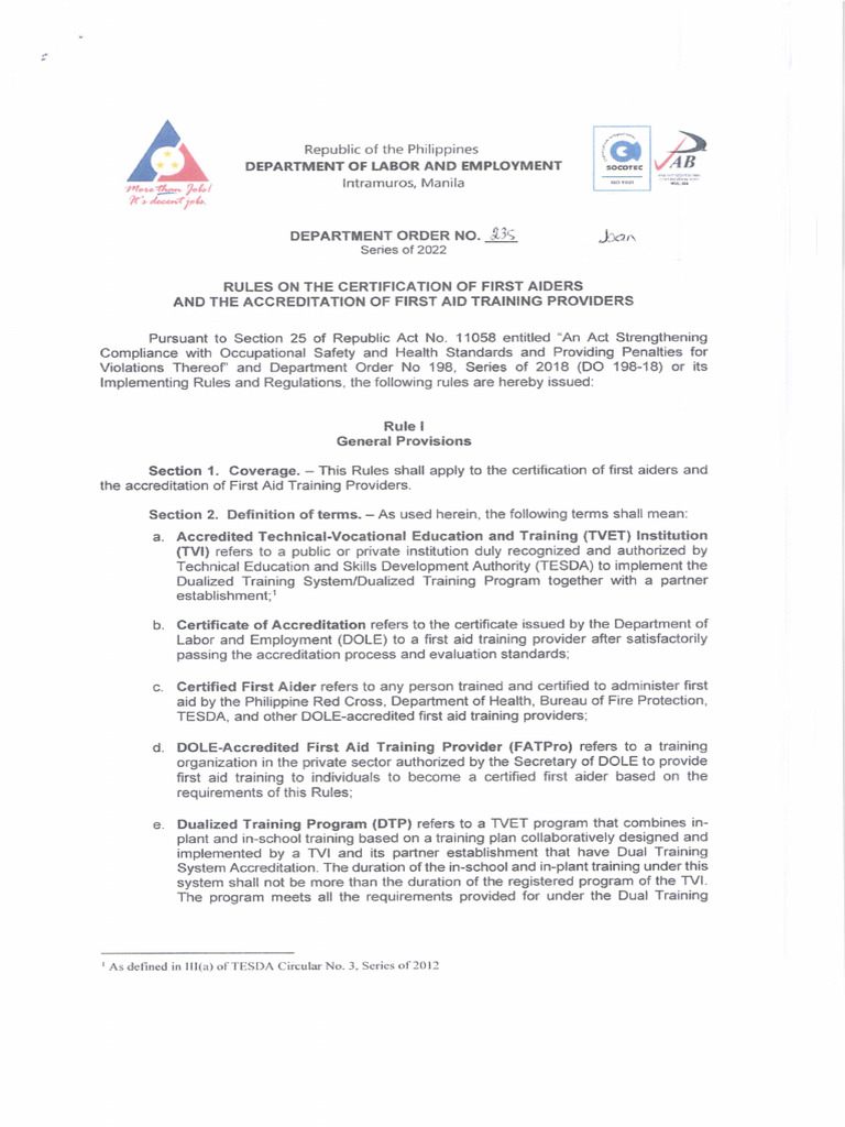 DOLE D.O. 235, s. 2022 | PDF | First Aid