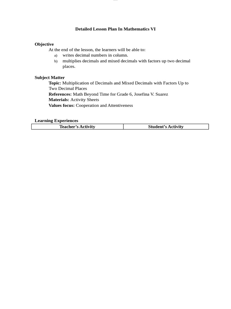 Detailed Lesson Plan in Mathematics VI | PDF | Numbers | Lesson Plan