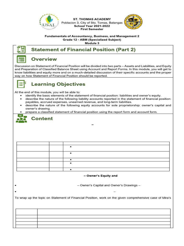 Module 3 in FABM2 - EHandout | PDF | Balance Sheet | Equity (Finance)