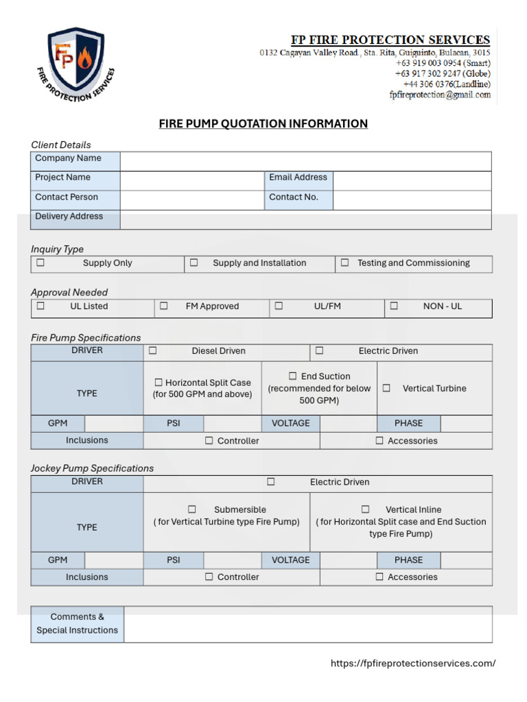 FIRE PUMP QUOTATION INFORMATION (Fillable) | PDF