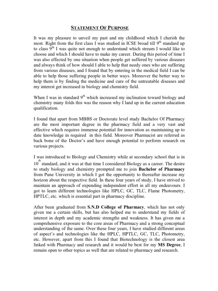 Statement of Purpose | Pharmacy | Postgraduate Education