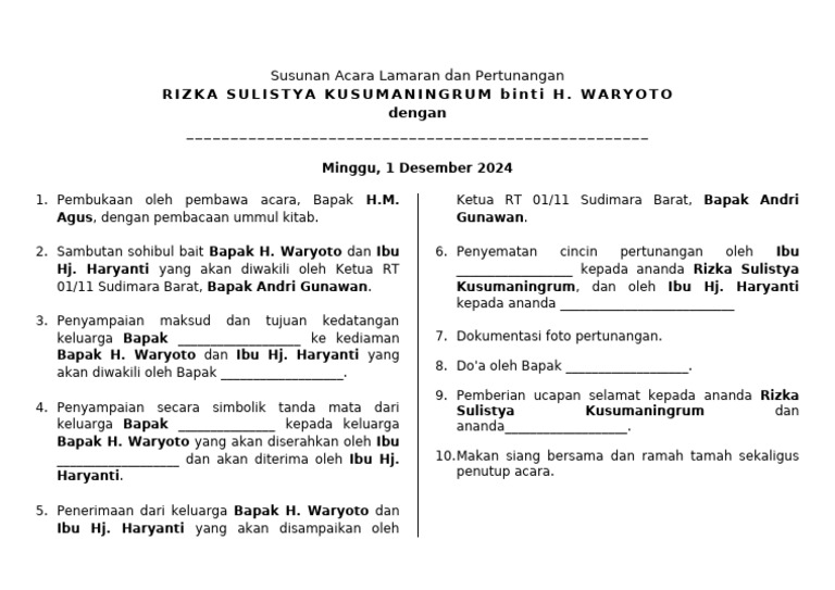 Rundown Acara Lamaran Dan Pertunangan | PDF