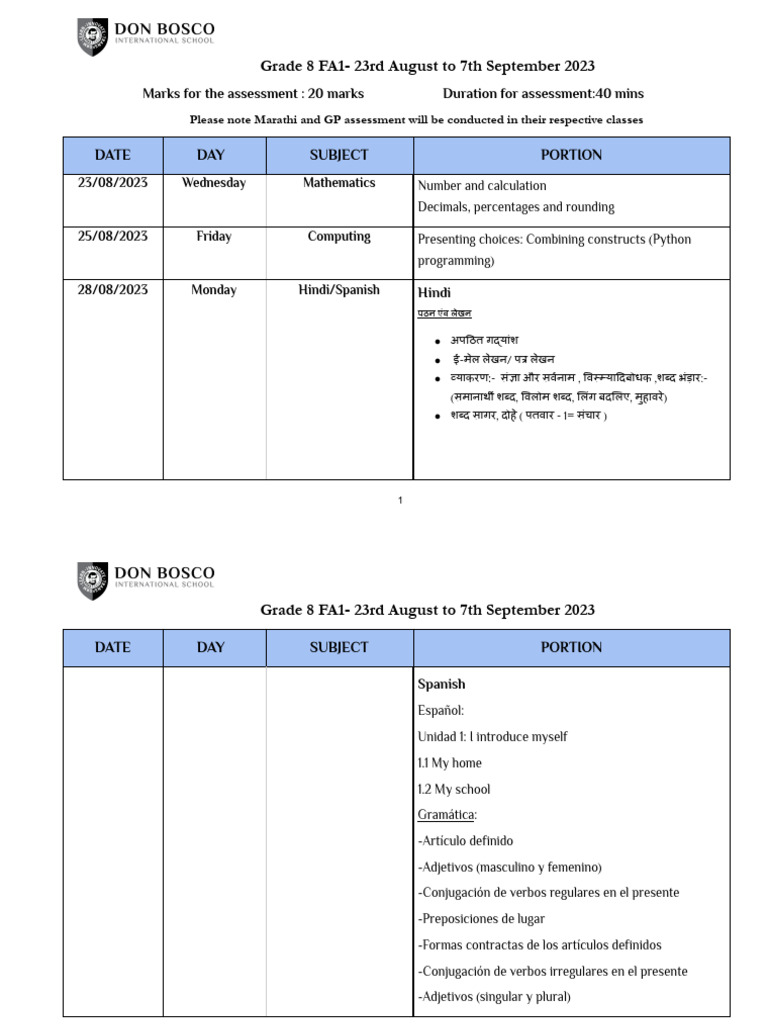 GR 8 FA1 - 2023 Portion Schedule 1 | PDF