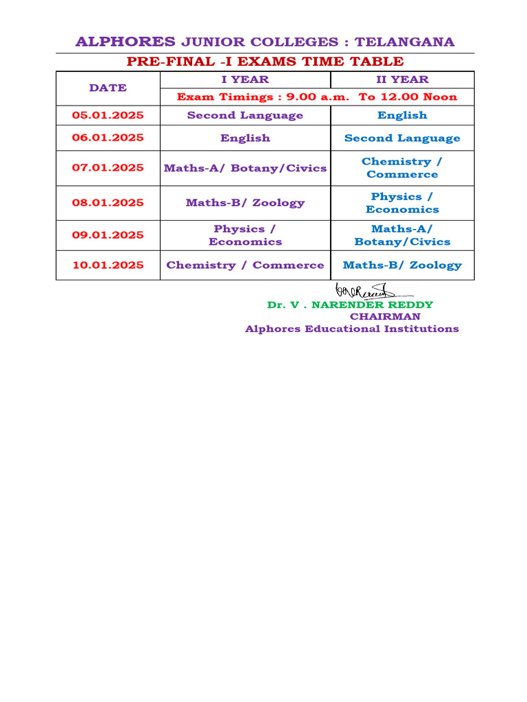 Pre-Final - 1 Exams - Time Table | PDF