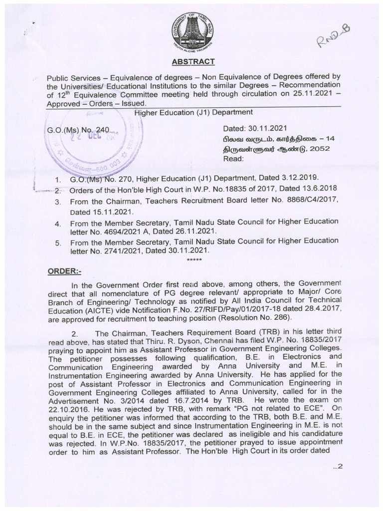 GO MS 240 Higher Education (J1) Department Dated 30-11-2021 | PDF