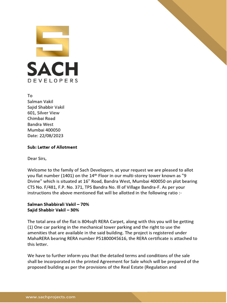 Vakil Allotment Letter | PDF | Taxes | Private Law