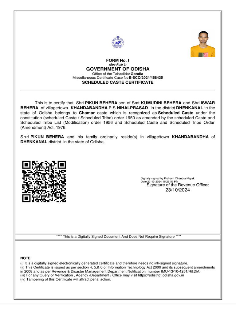 Schedule Caste. Certificate | PDF