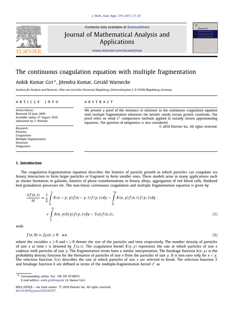 The continuous coagulation equation with multiple fragmentation | PDF ... The continuous coagulation equation with multiple fragmentation | PDF ...