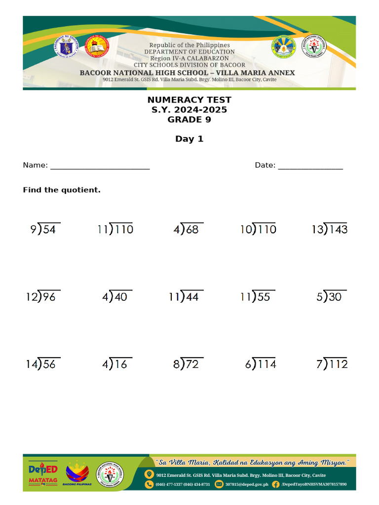 Numeracy Test Grade 9 - Oct7-10, 2024 | PDF
