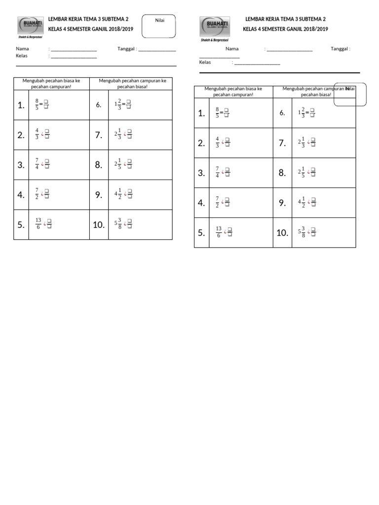 LK Math Mengubah Pecahan Biasa Ke Campuran | PDF