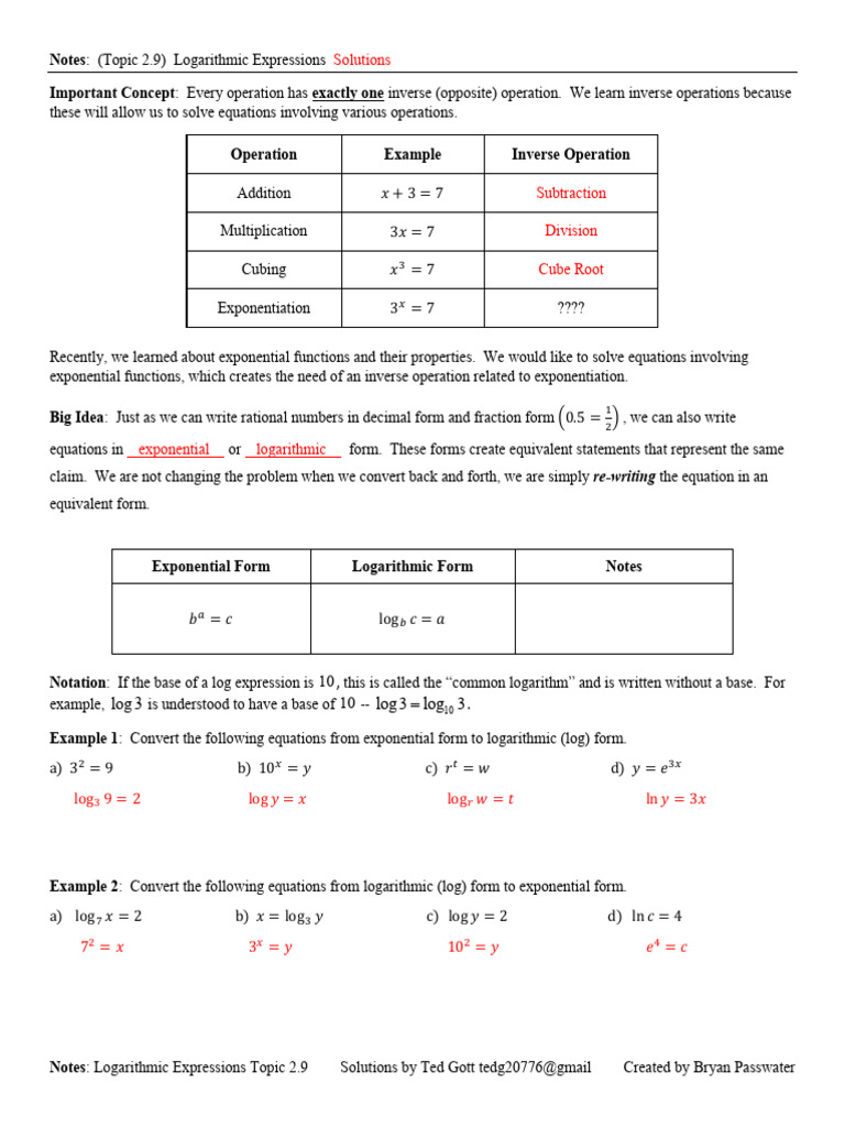 Notes Topic 2.9 Key - Log Expressions | PDF | Logarithm | Exponentiation
