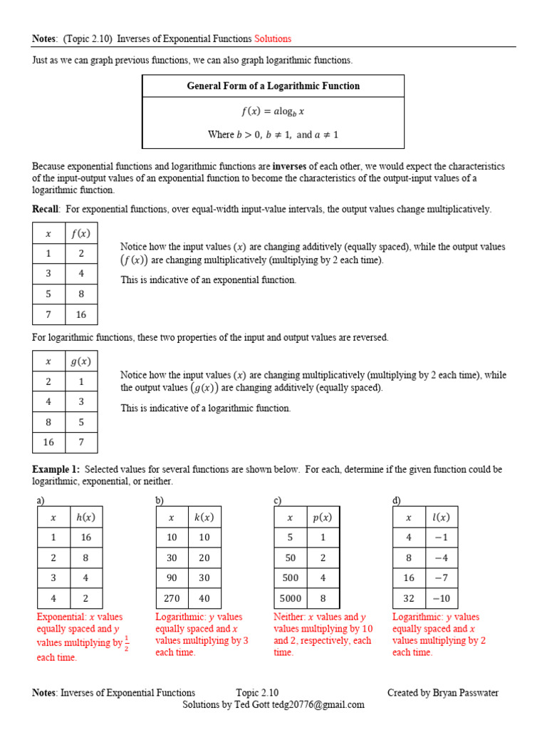 Notes Topic 2.10 Key - Inverses of Exponential Functions | PDF ...