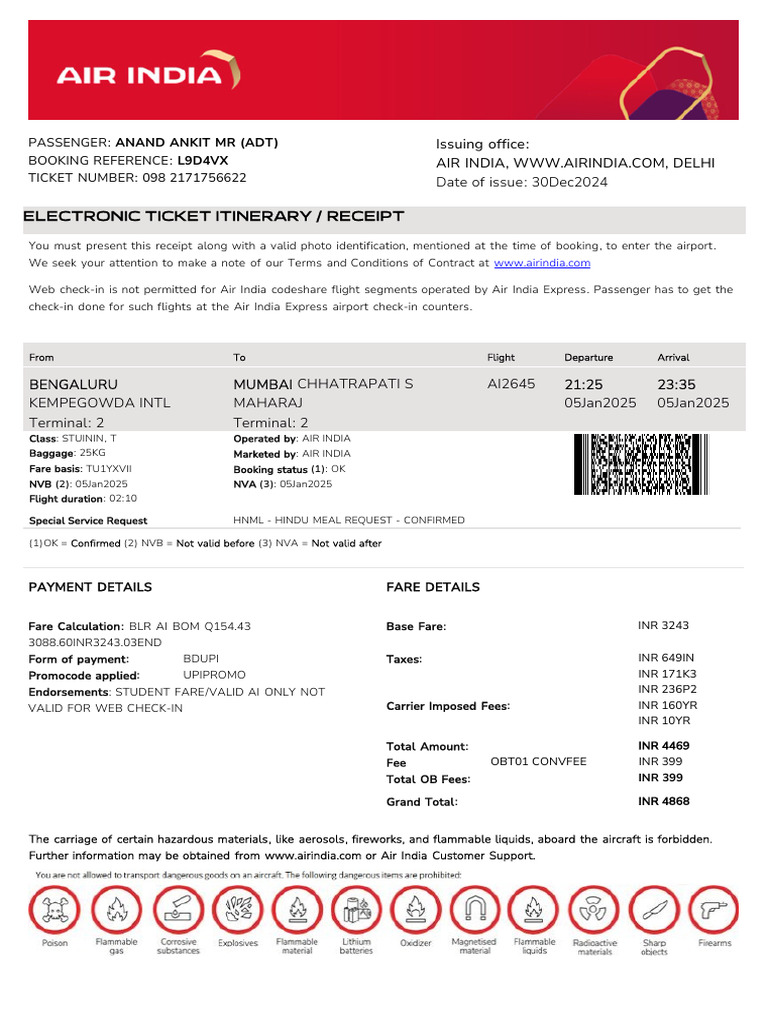 Air India Ticket Itinerary for Anand Ankit | PDF